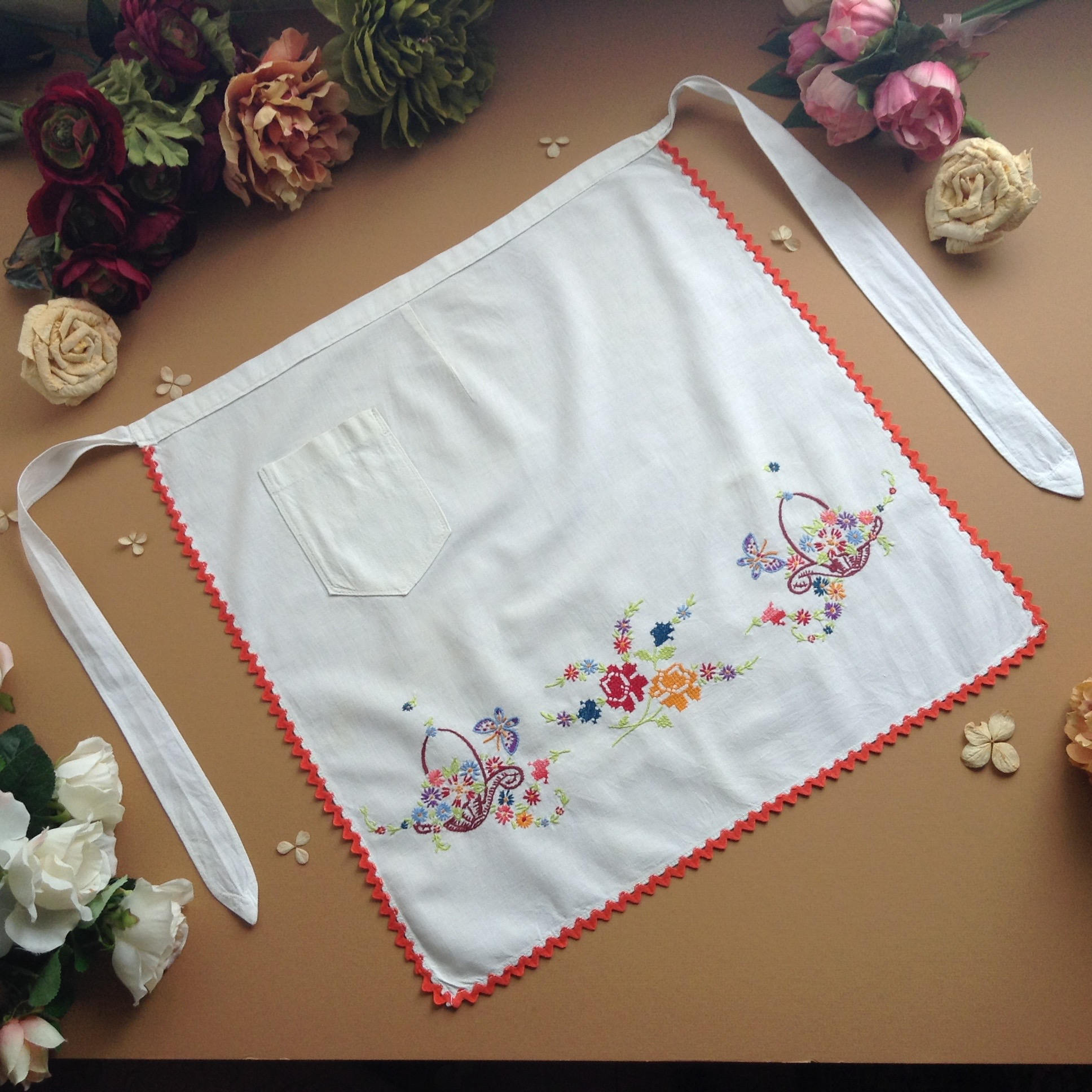 Vintage Beige Cotton Half Apron Embroidered Semi-Apron | Etsy