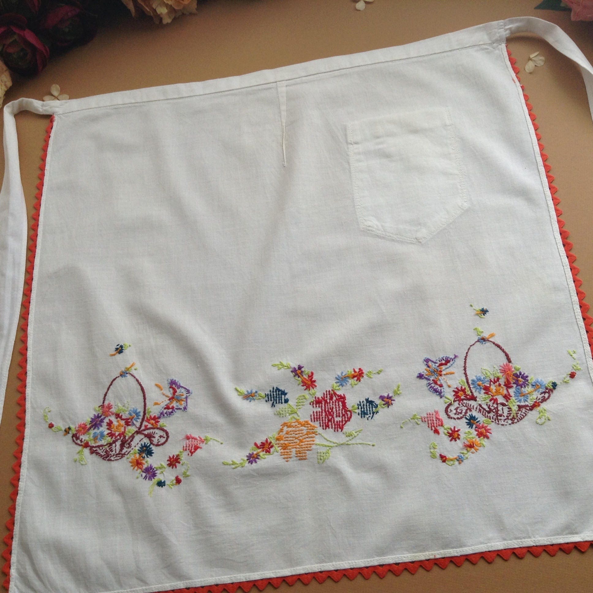 Vintage Beige Cotton Half Apron Embroidered Semi-Apron | Etsy