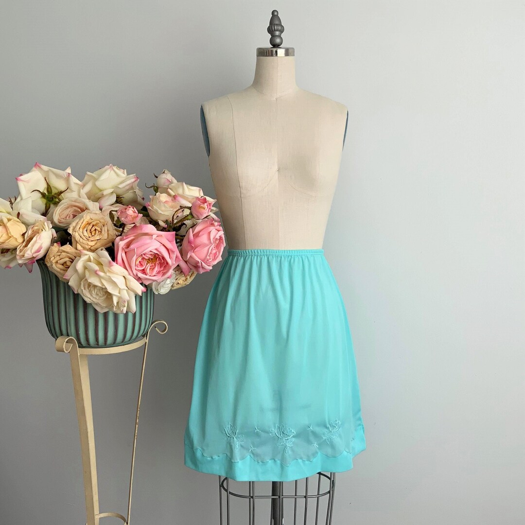 Vintage HANNA Above the Knee Blue Half Slip With Floral Embroidery ...