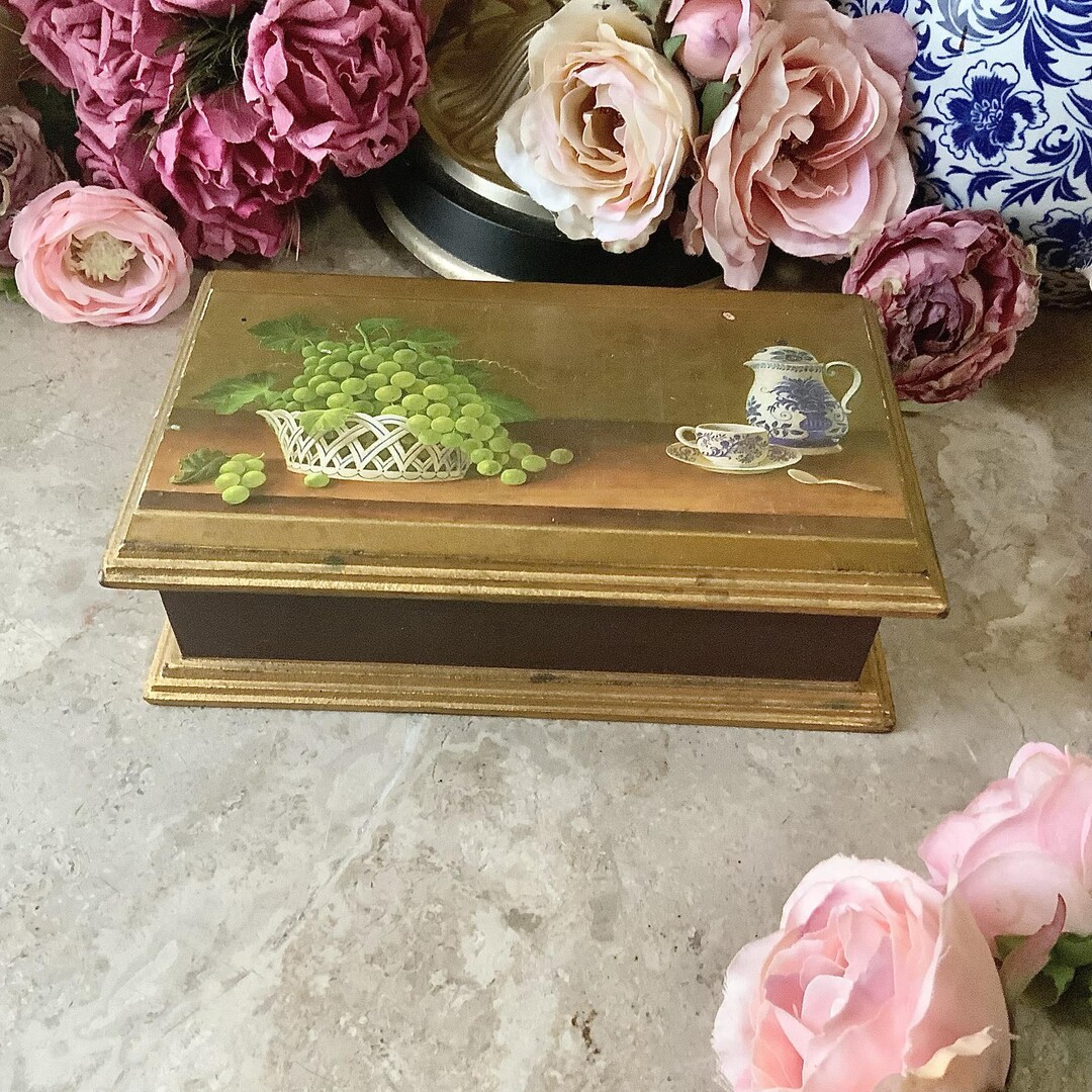 Vintage Brown and Gold Rectangular Wood Box With Decorative Still Life ...
