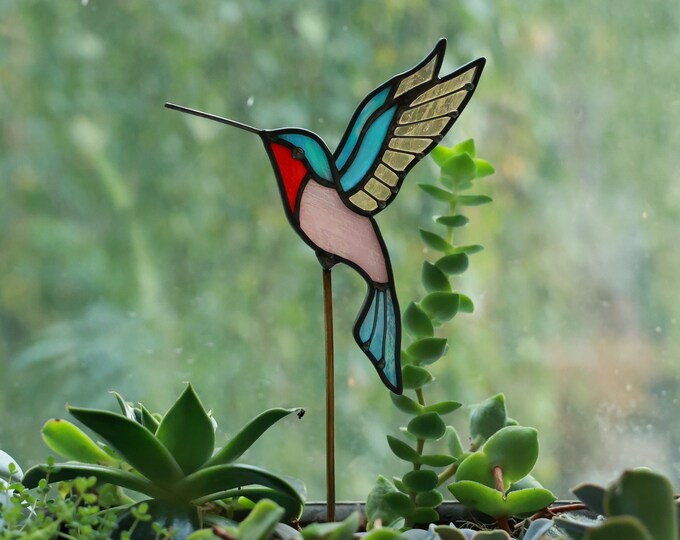 Stained Glass Hummingbird Plant Stake, Tropical Bird Suncatcher Pot ...