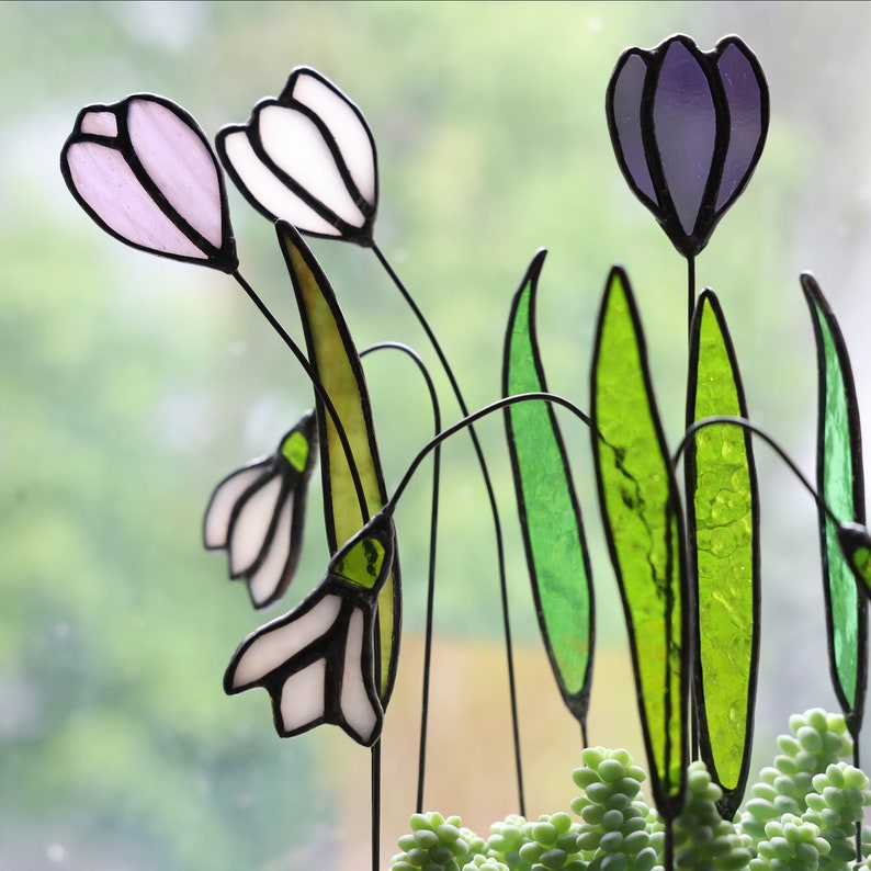 Crocus, Snowdrop Stained Glass Flowers With Leaves on a Stem, Sun ...
