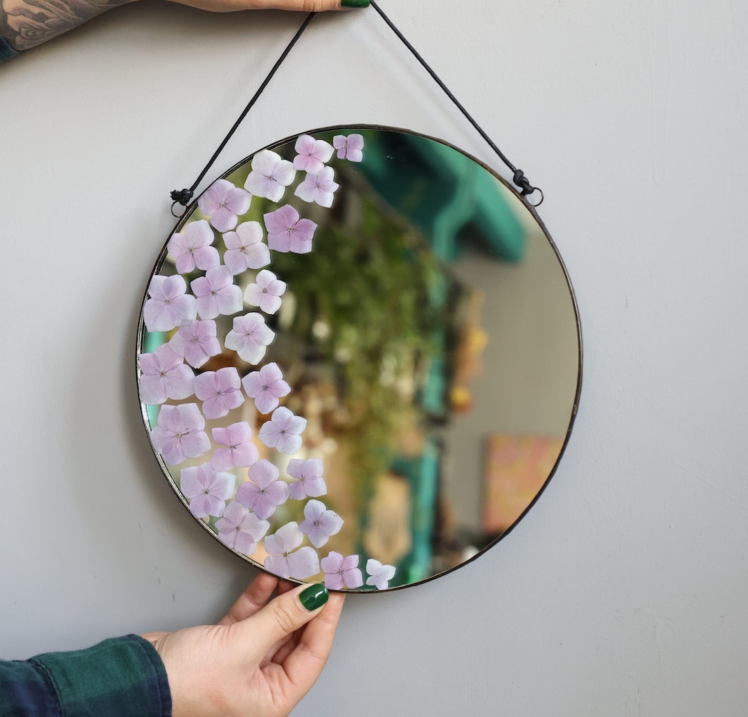 Pressed Hydrangea Round Mirror, Floral Stained Glass Mirror, Circle ...