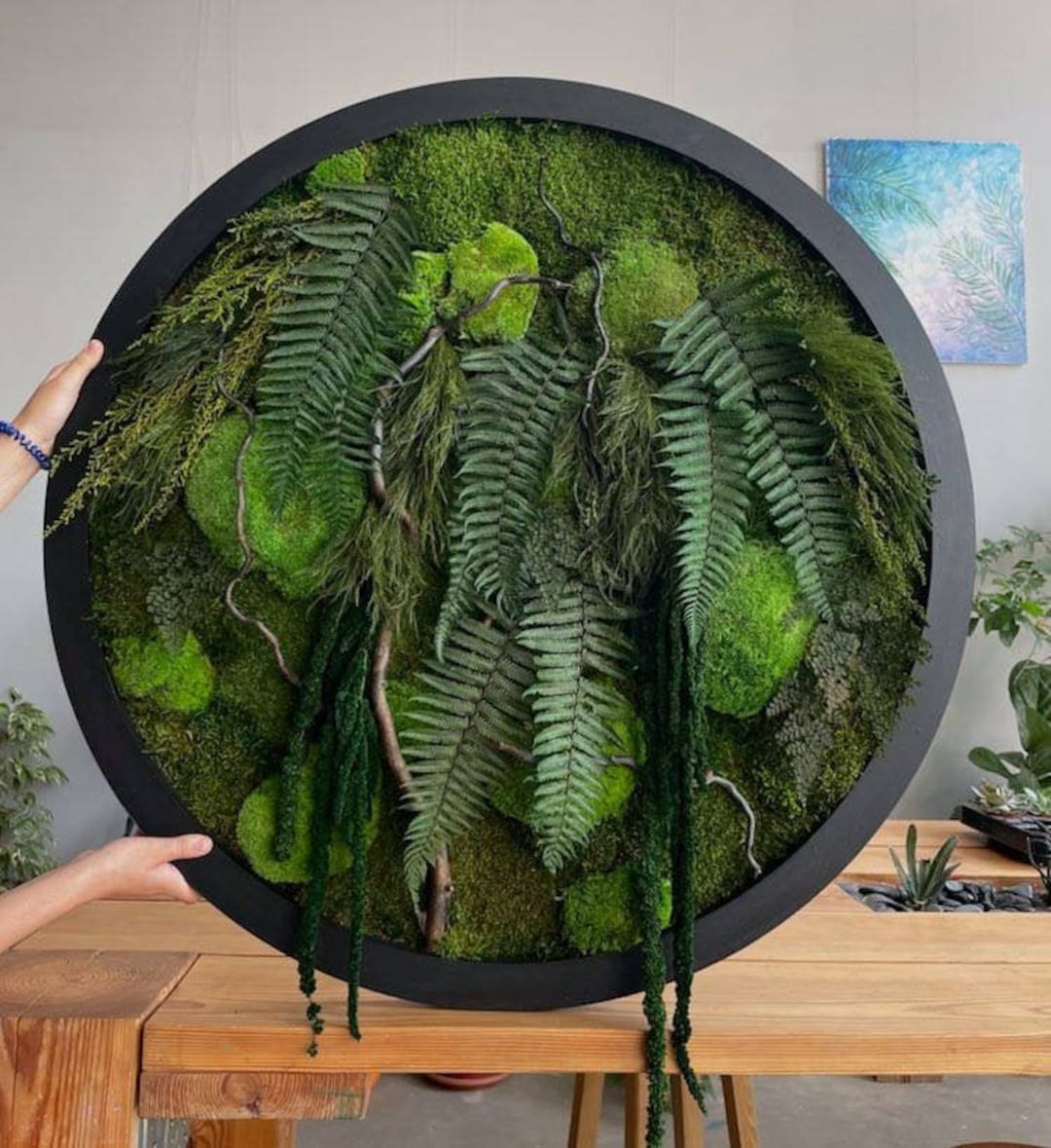 Large Preserved Moss & Fern Wall Decor, Round Framed Plant Panel ...