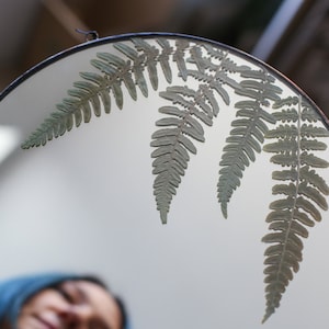 Round Stained Glass Mirror With Pressed Fern, Circle Wall Accent Mirror ...