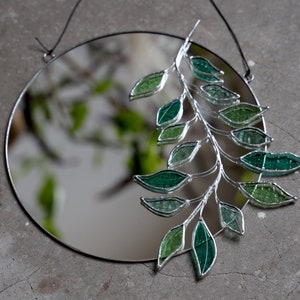 Stained Glass Mirror With Leaves, Circle Wall Hanging Mirror, Botanical ...