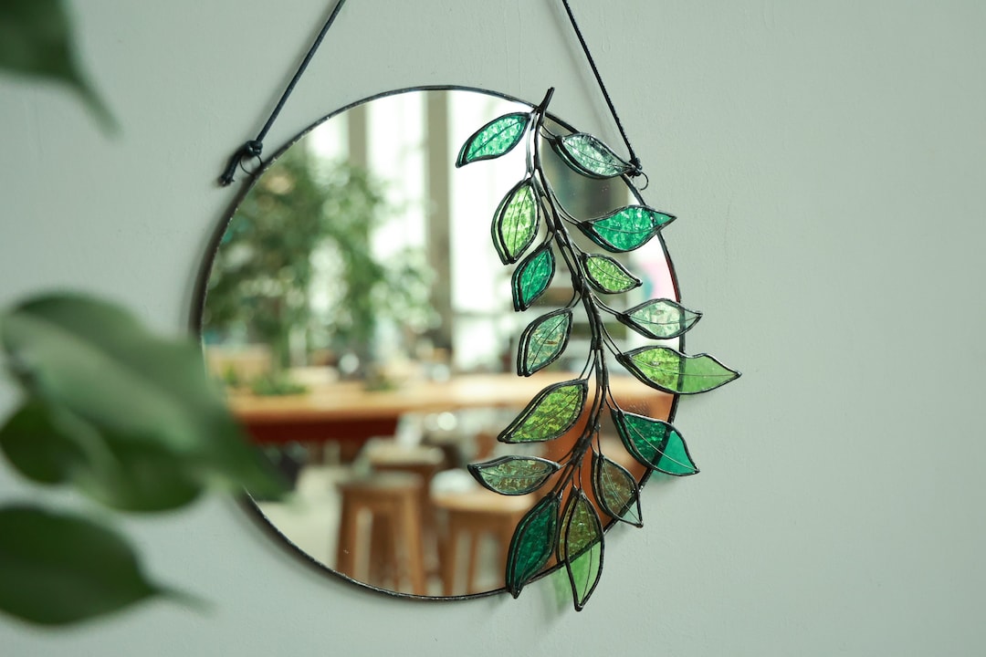 Stained Glass Mirror With Leaves, Circle Wall Hanging Mirror, Botanical ...