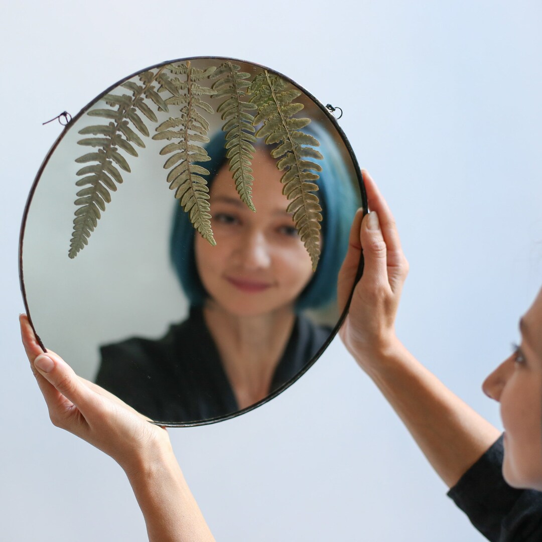 Round Stained Glass Mirror With Pressed Fern, Circle Wall Accent Mirror ...
