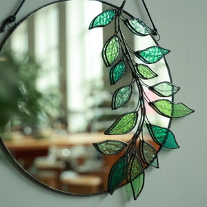 Stained Glass Mirror With Leaves, Circle Wall Hanging Mirror, Botanical ...