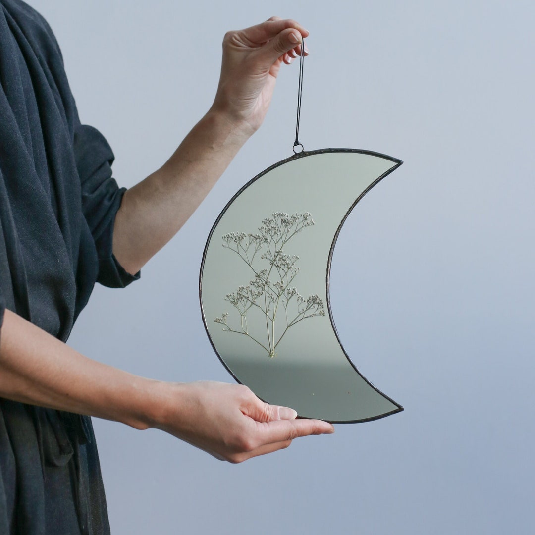 Crescent Moon Mirror With Dried Pressed Flowers, Stained Glass Mirror ...