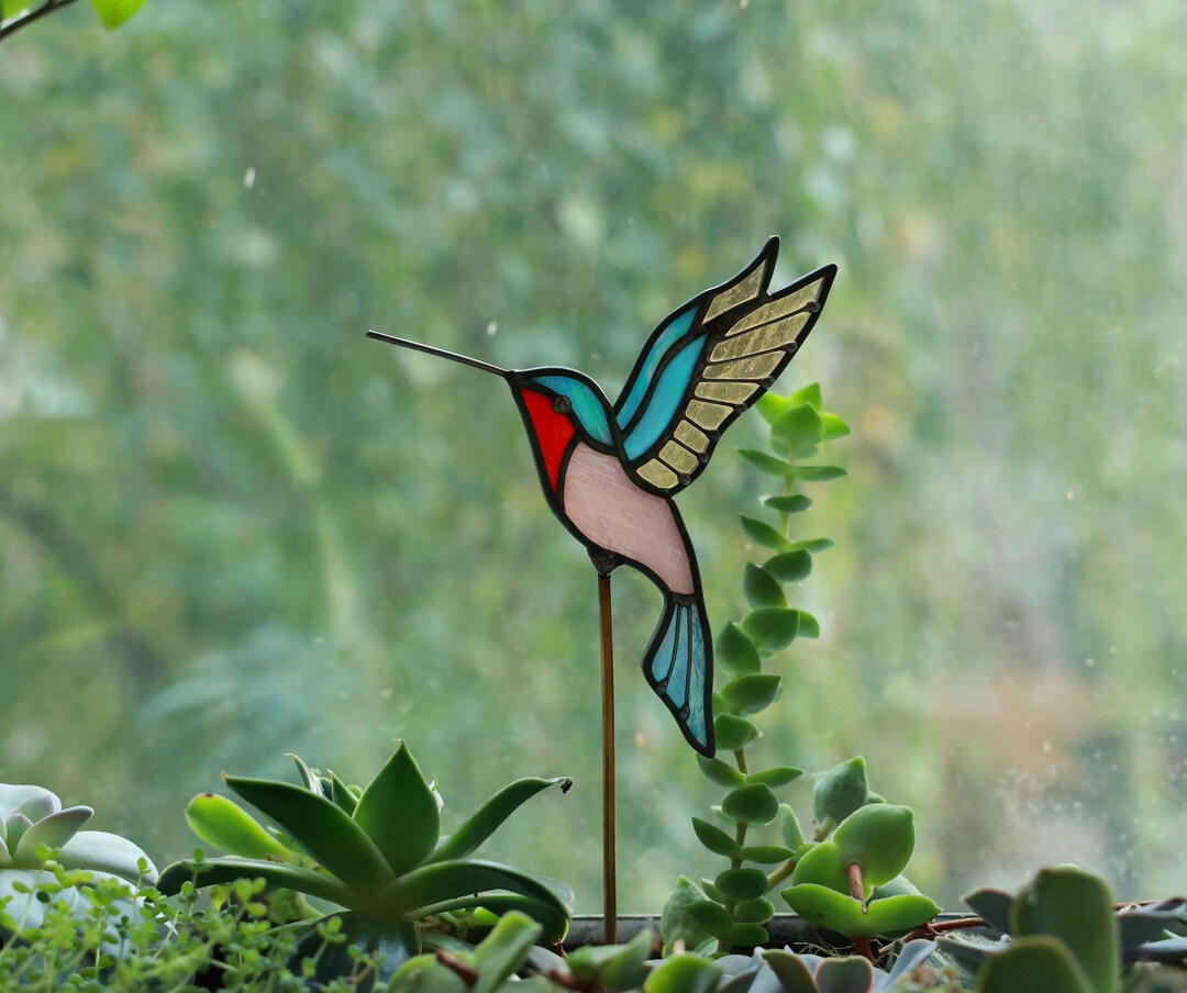 Stained Glass Hummingbird Plant Stake, Tropical Bird Suncatcher Pot ...