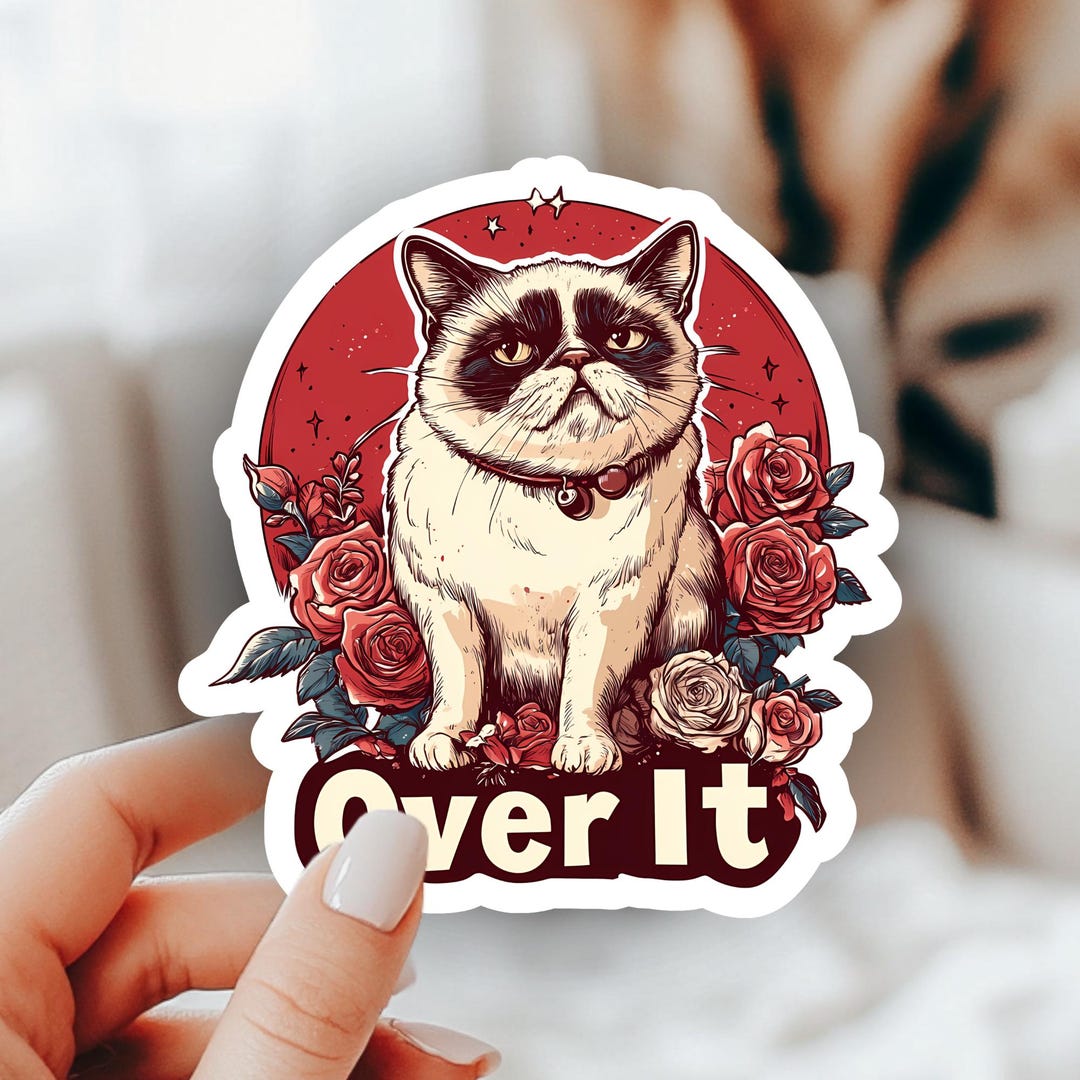 Grumpy Cat Sticker, Over It Vinyl Decal, Funny Cat Laptop Sticker ...