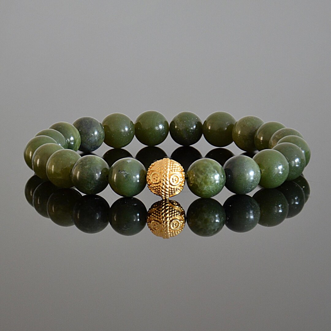 Dark Green Jade and Gold 10mm Mens Bali Beaded Gemstone Bracelet - Etsy