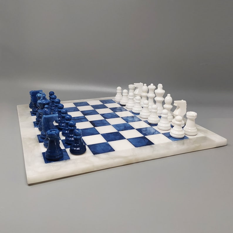 1970s Elegant Blue and White Chess Set in Volterra Alabaster Handmade ...