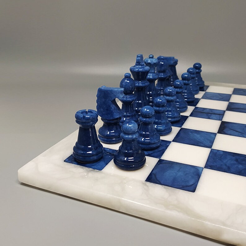 1970s Elegant Blue and White Chess Set in Volterra Alabaster Handmade ...