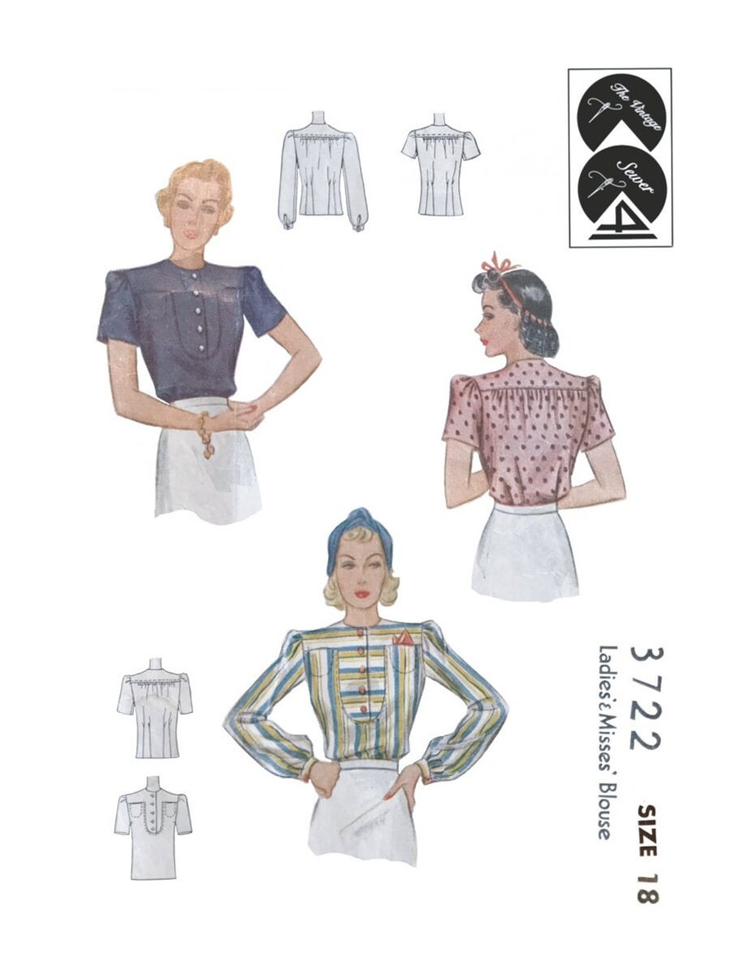 Vintage Sewing Pattern Ladies and Misses Blouse M3722 C1940s Size 18 ...