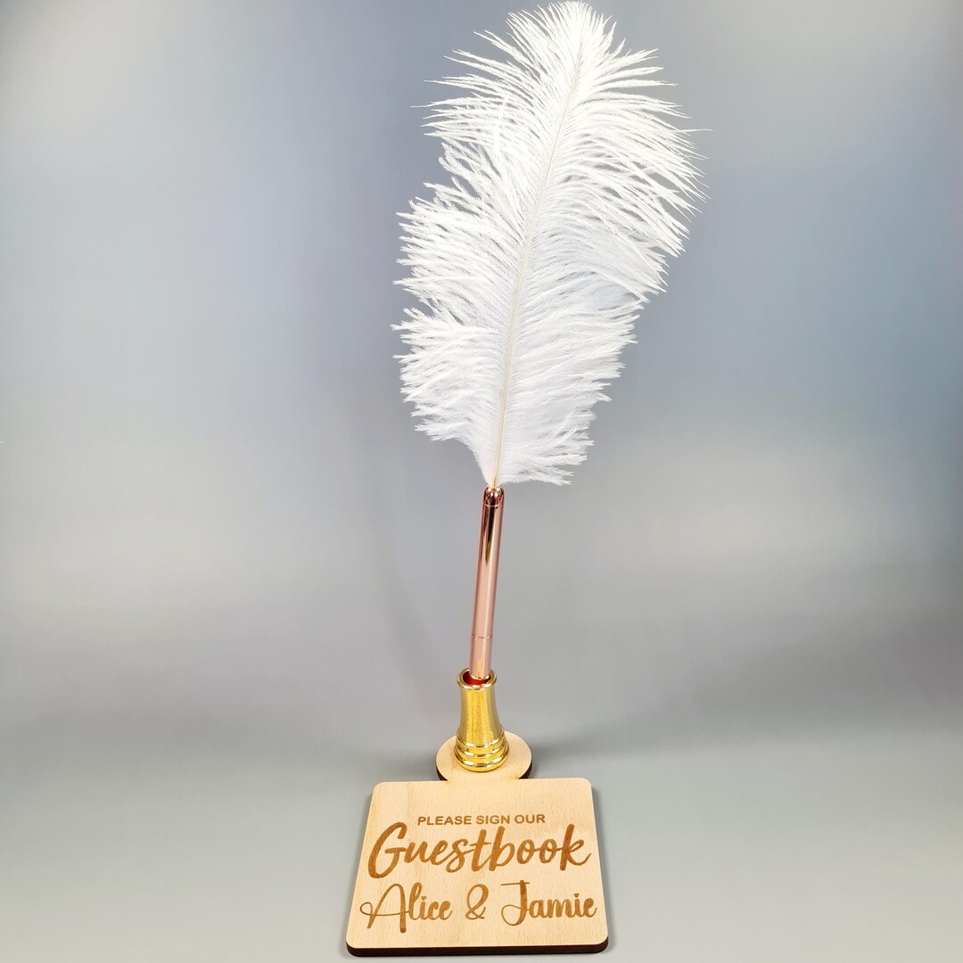 White Ostrich Feather Pen With Holder Guest Book Pen Stand Wedding ...