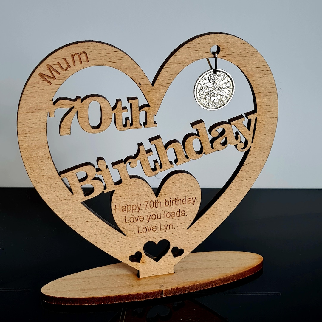70th Birthday Wooden Heart Gift, Lucky Sixpence, Personalized - Etsy