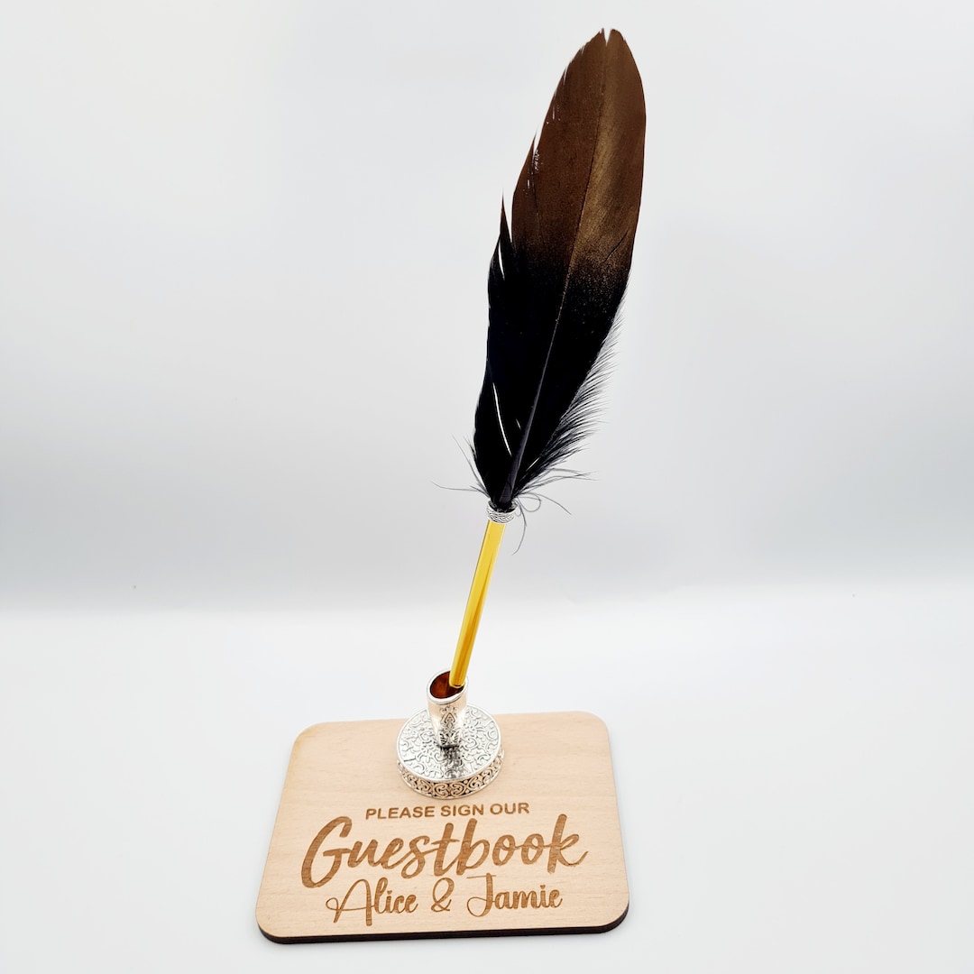 Personalised Wedding Black Gold Feather Pen Holder Guest Book Pen Stand ...