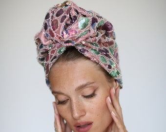 Sequin Fashion Turban, Vintage Turban, Stripped Turban Hat, Beaded ...
