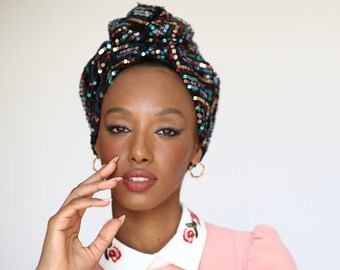 Sequin Fashion Turban, Vintage Turban, Stripped Turban Hat, Beaded ...