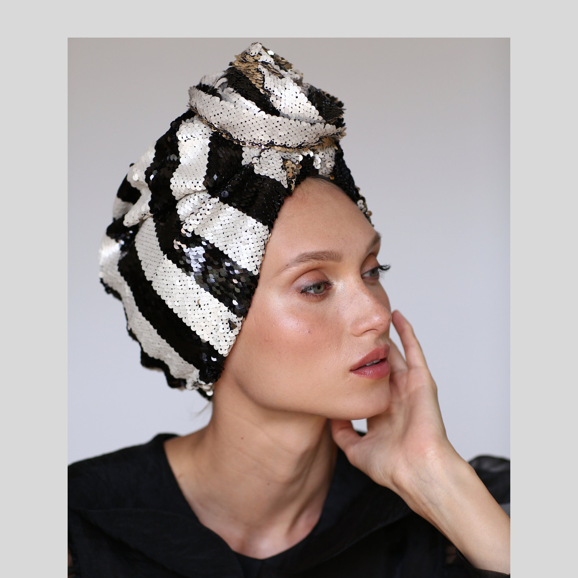 Sequin Fashion Turban, Vintage Turban, Black Turban Hat, Beaded Turban ...
