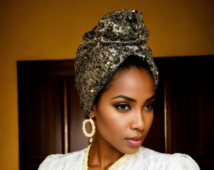 Embellished Green Sequin Turban - Elegant Pre-tied Headwrap & Glamorous ...