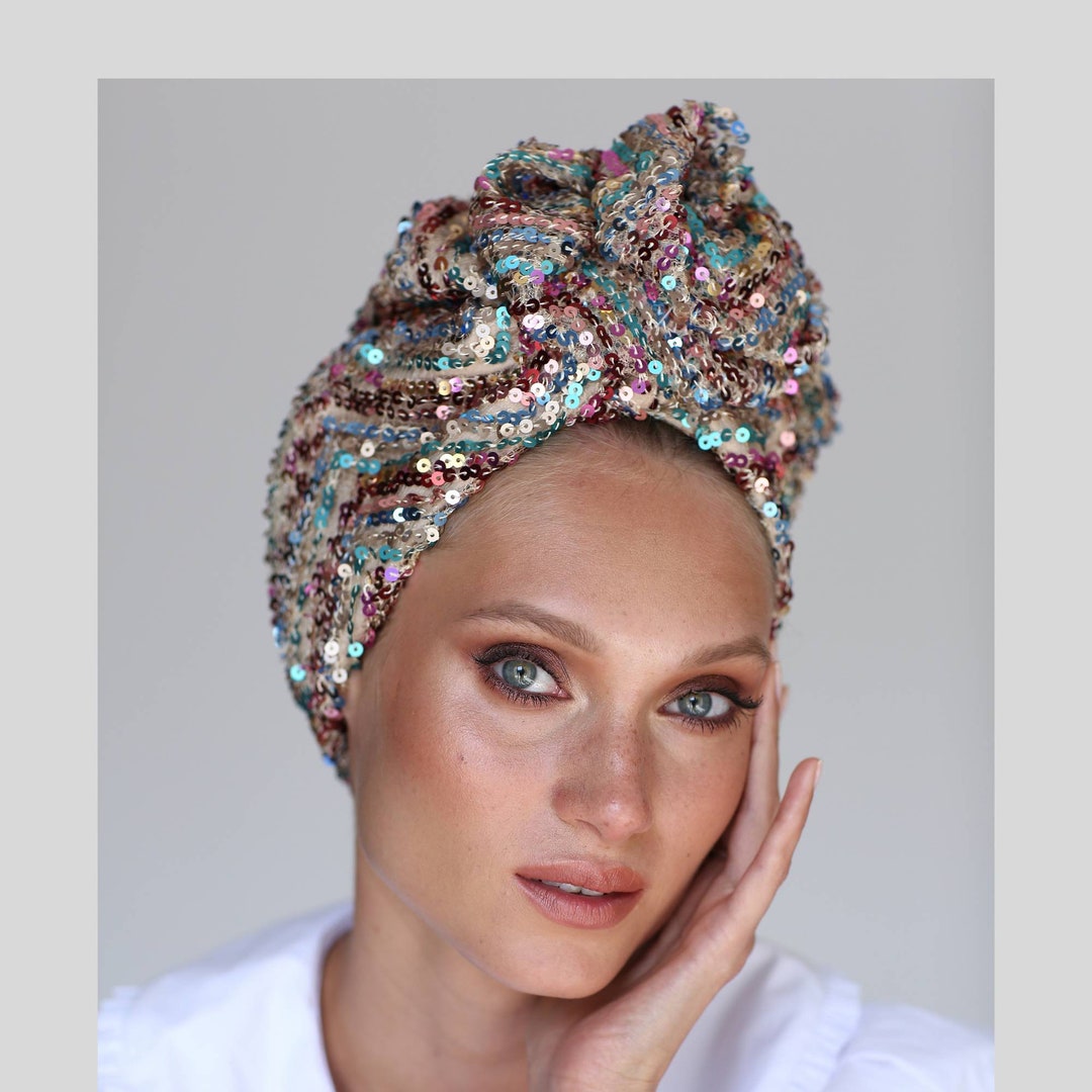 Sequin Fashion Turban, Vintage Turban, Stripped Turban Hat, Beaded ...
