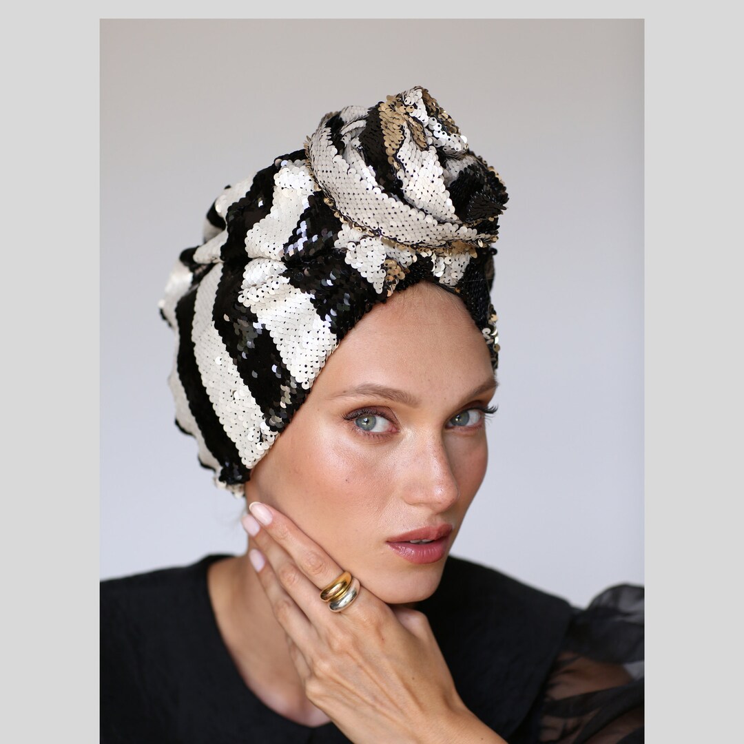 Sequin Fashion Turban, Vintage Turban, Stripped Turban Hat, Beaded ...