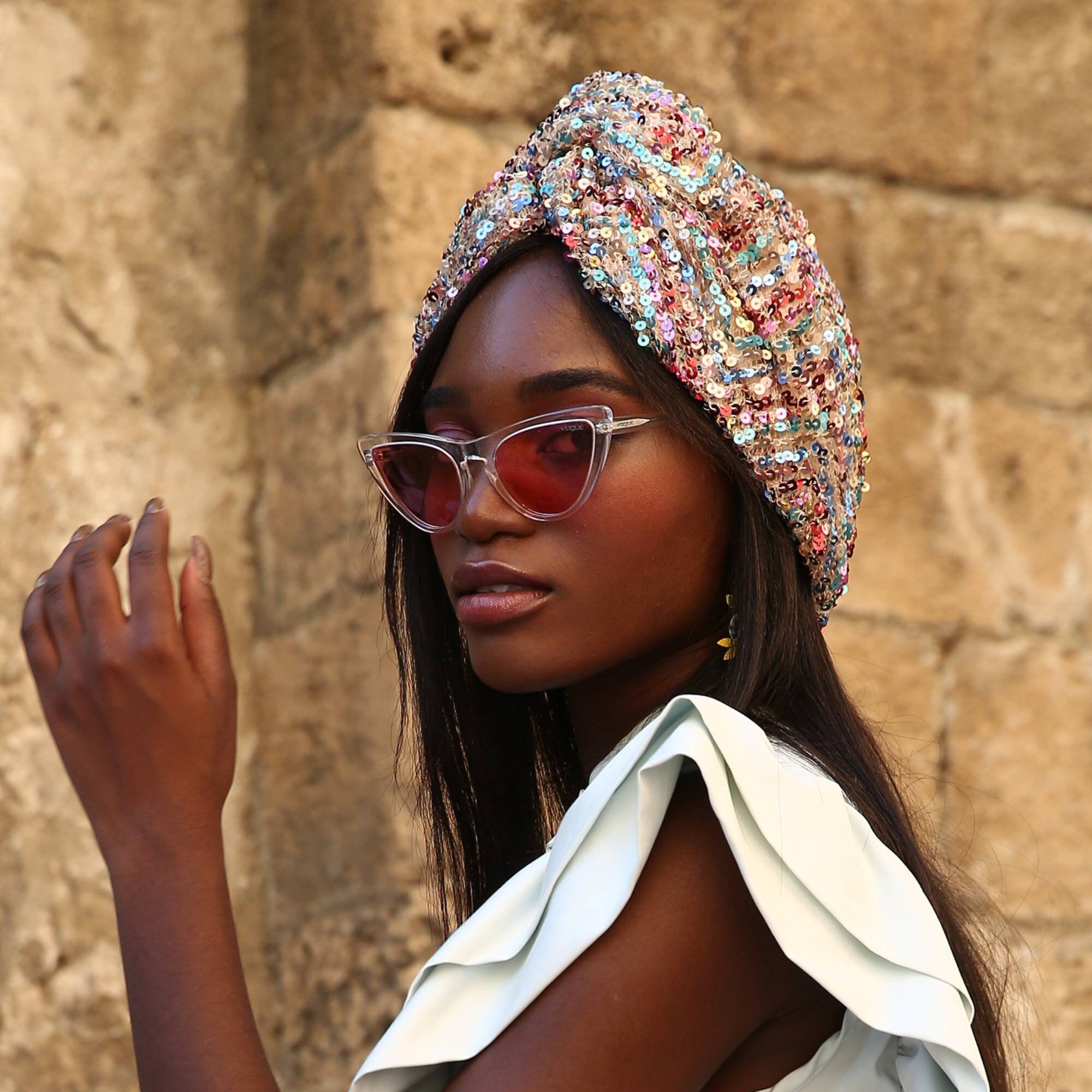 Sequin Fashion Turban, Vintage Turban, Stripped Turban Hat, Beaded ...