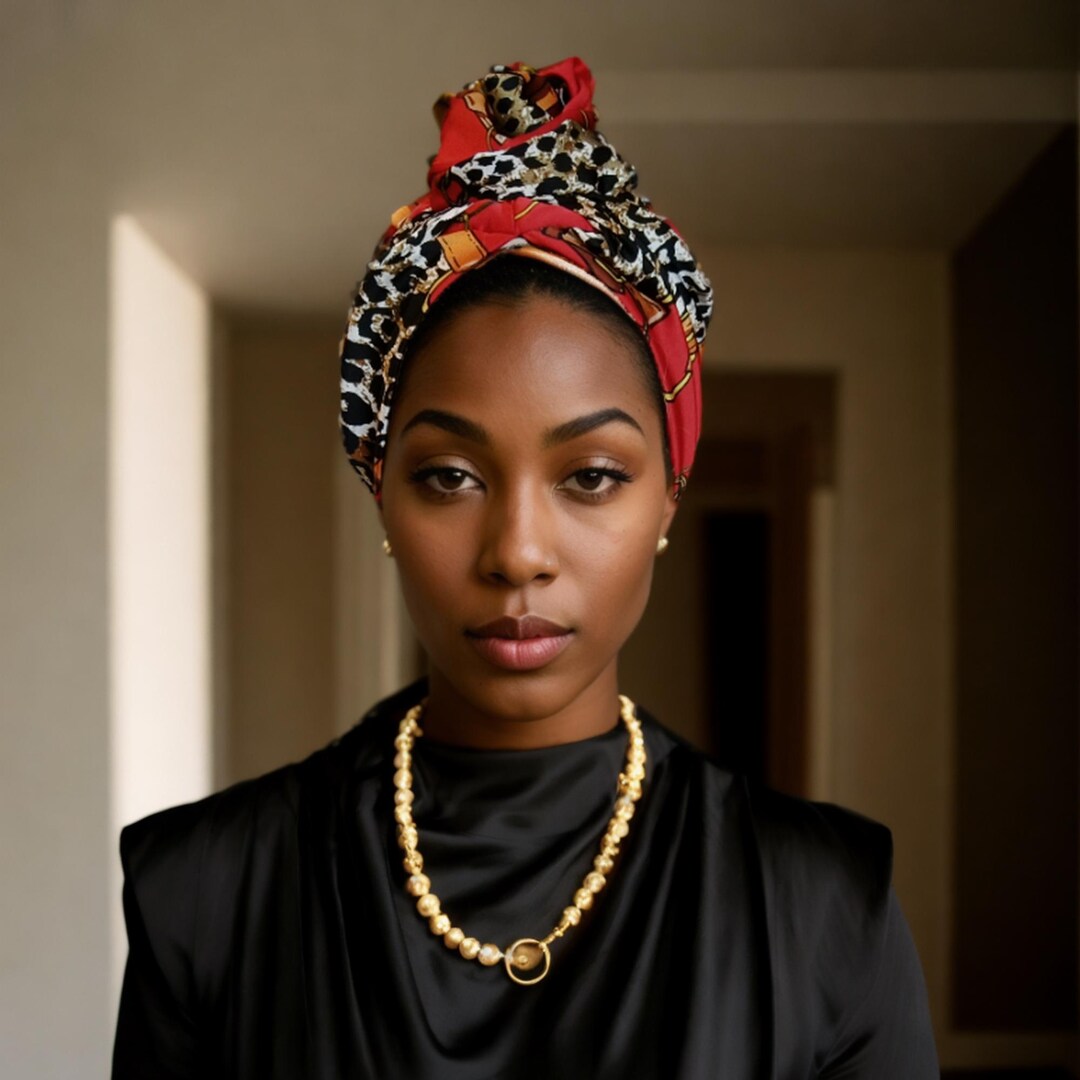 Turban – Red and Gold Patterned – Pre-tied African Style Headwrap for ...