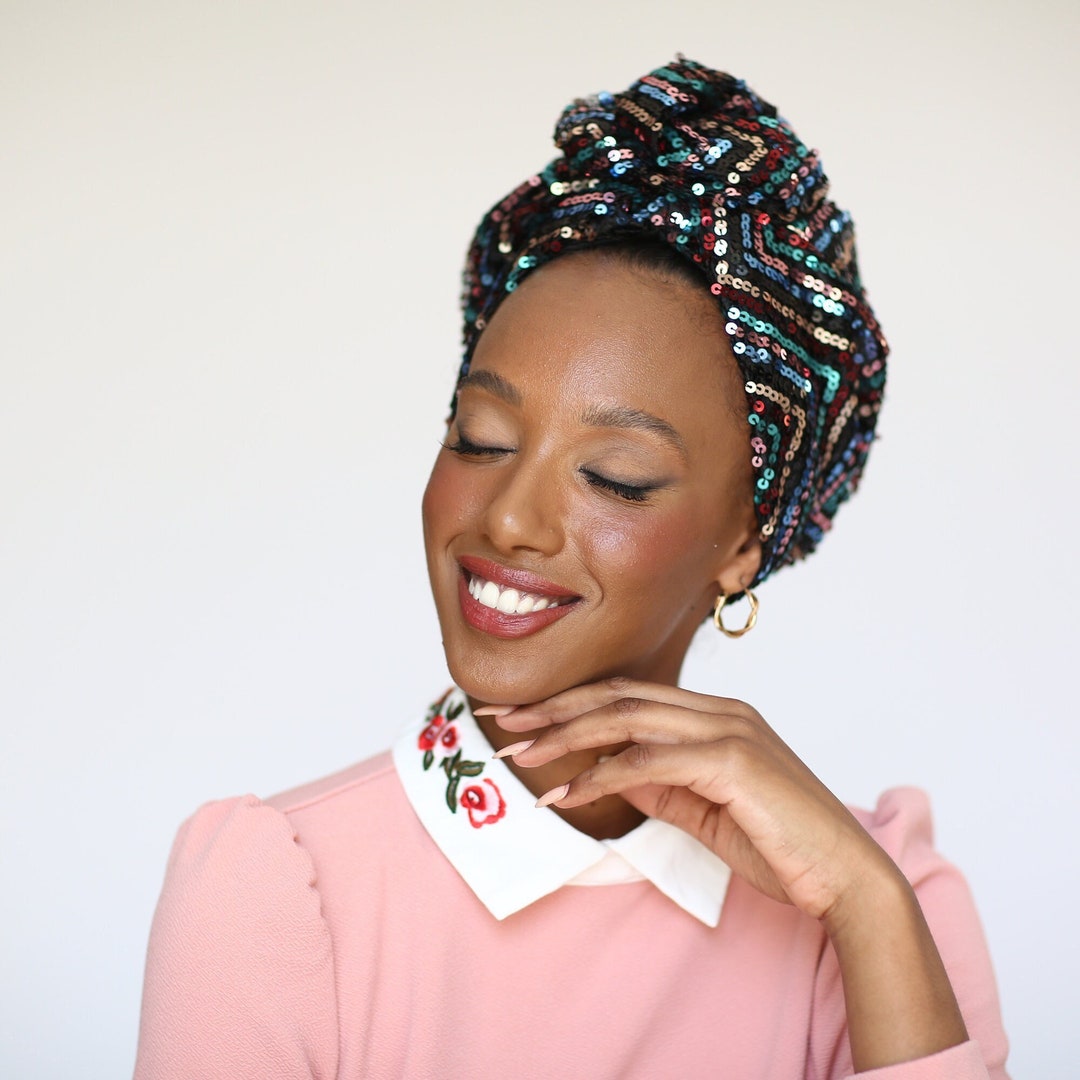 Sequin Fashion Turban, Vintage Turban, Stripped Turban Hat, Beaded ...