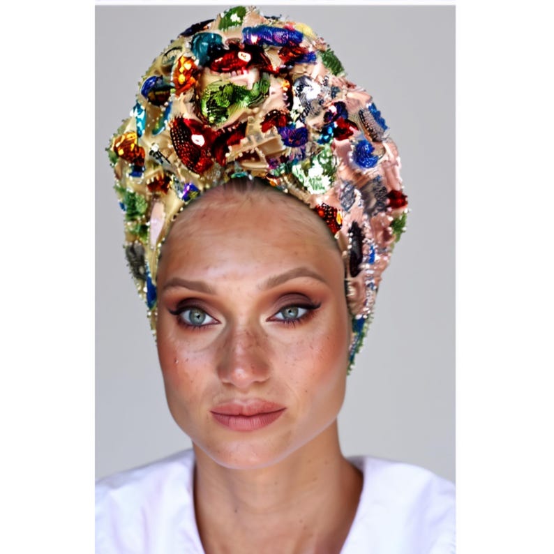Gold Sequin Embellished Turban – Handcrafted Artistic Headwrap for ...