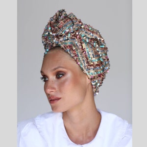 Sequin Fashion Turban, Vintage Turban, Stripped Turban Hat, Beaded ...