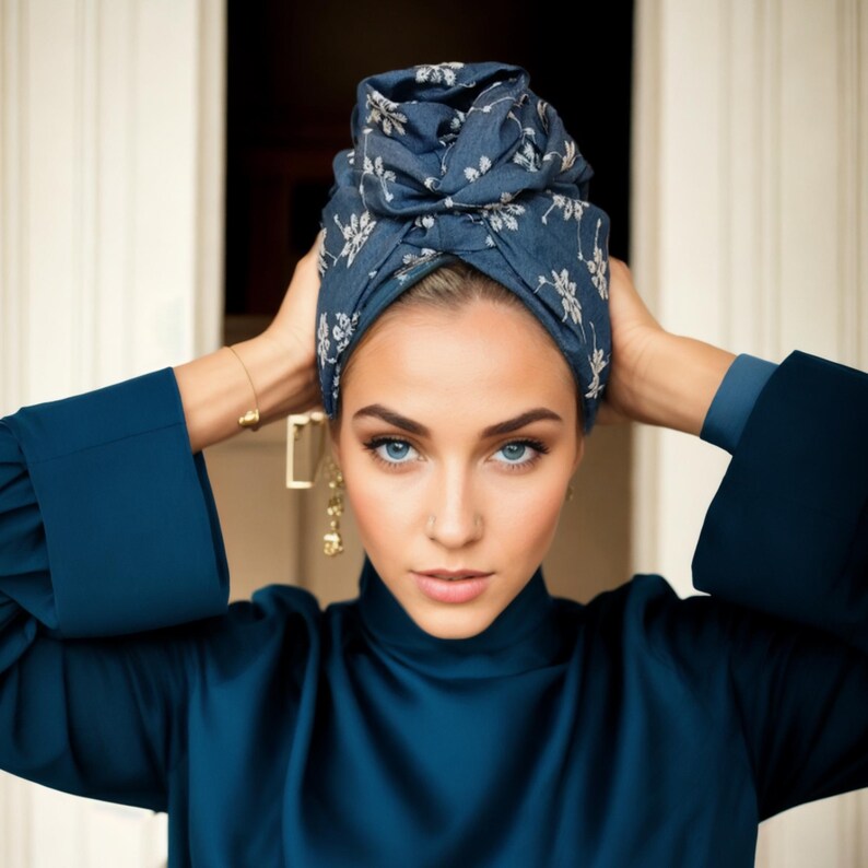 Blue Embroidered Turban Head Wrap for Women – Soft Denim Style Knot ...