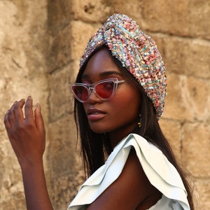 Sequin Fashion Turban, Vintage Turban, Stripped Turban Hat, Beaded ...
