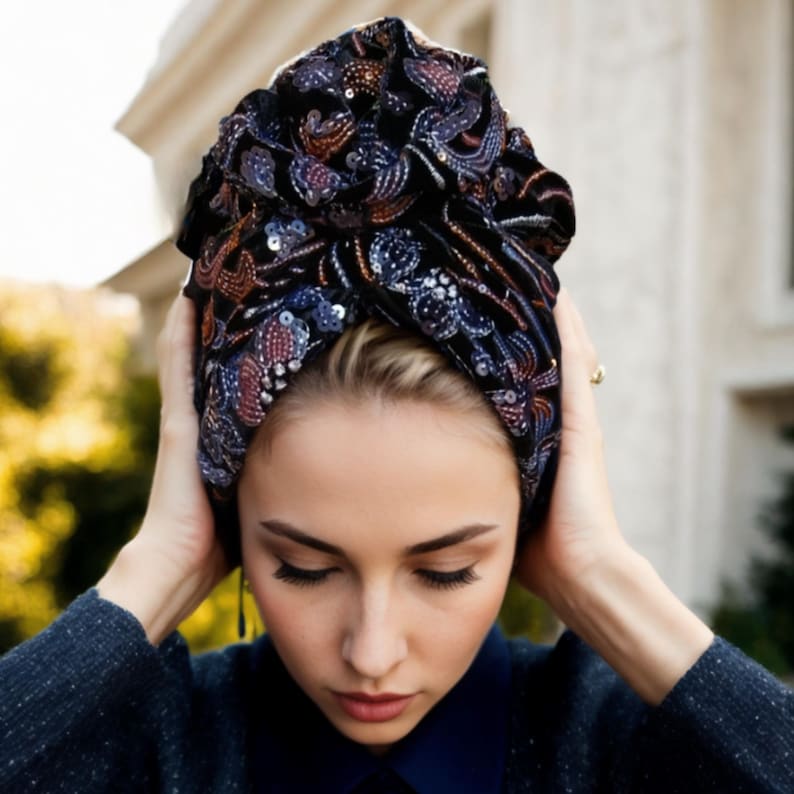 Turban – Blue Velvet Sequin Embroidered – Pre-tied Elegant Headwrap for ...