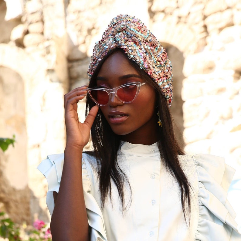 Sequin Fashion Turban, Vintage Turban, Stripped Turban Hat, Beaded ...