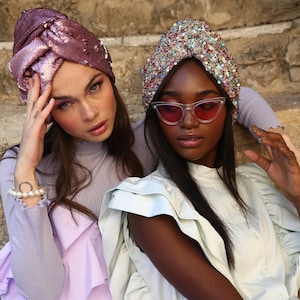 Sequin Fashion Turban, Vintage Turban, Stripped Turban Hat, Beaded ...