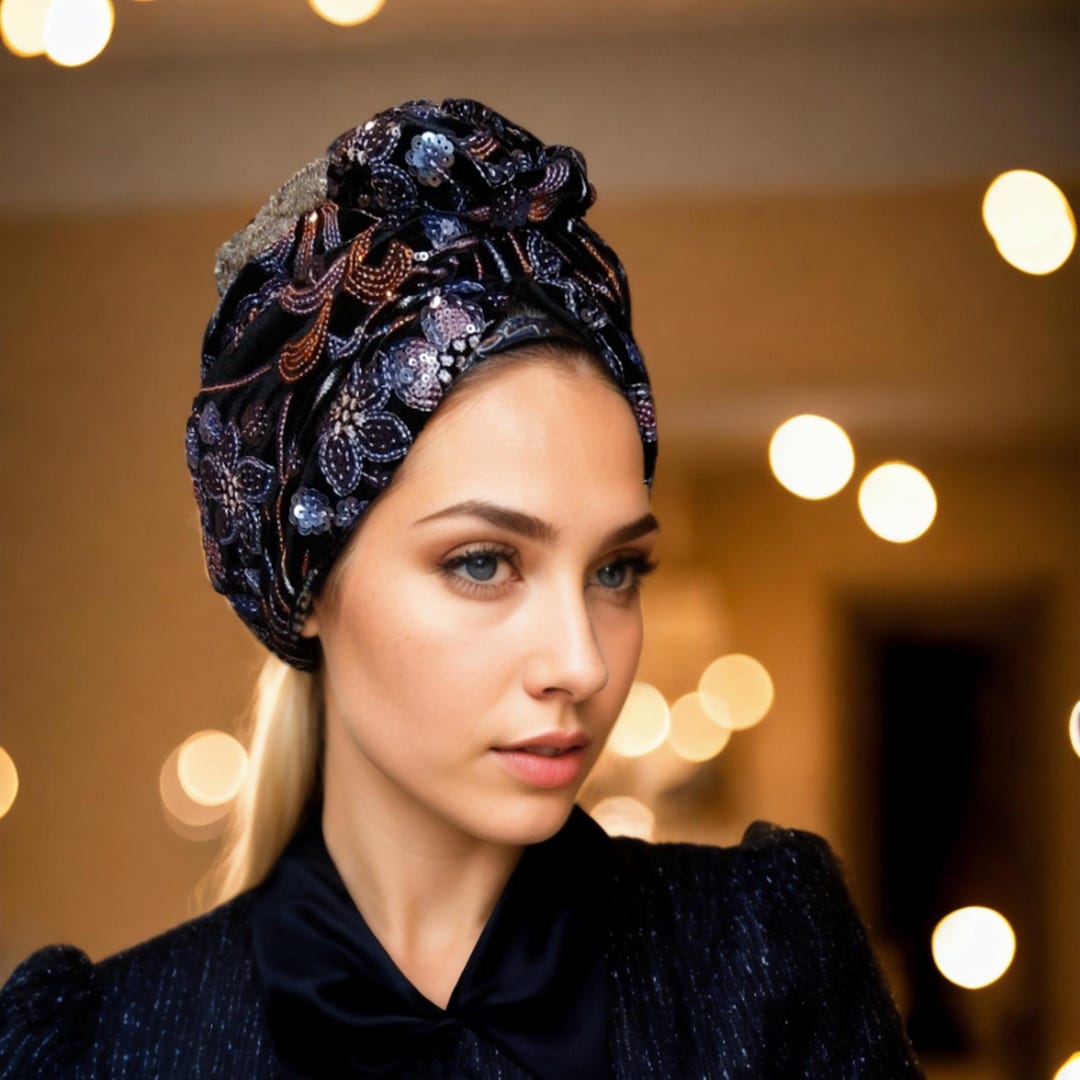 Blue Sequin Embroidered Turban: Pre-tied Glam Hair Accessory - Etsy