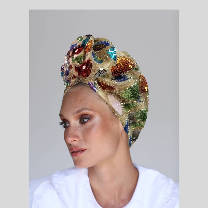 Gold Sequin Embellished Turban – Handcrafted Artistic Headwrap for ...