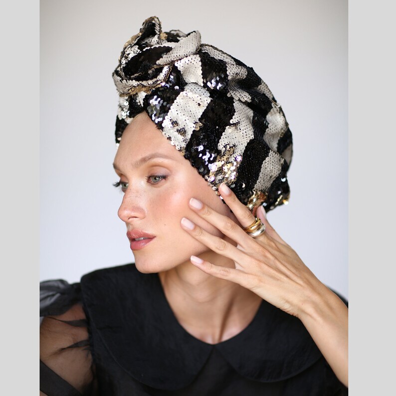 Sequin Fashion Turban, Vintage Turban, Stripped Turban Hat, Beaded ...
