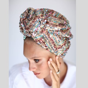 Sequin Fashion Turban, Vintage Turban, Stripped Turban Hat, Beaded ...
