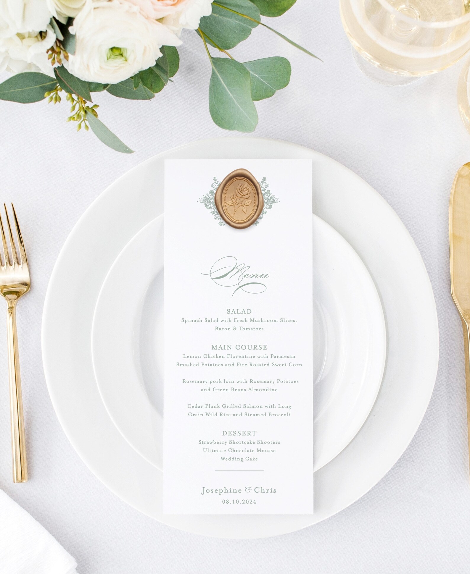 Josephine Wedding Menu Cards With Name Tags, Printed Wedding Menus With ...
