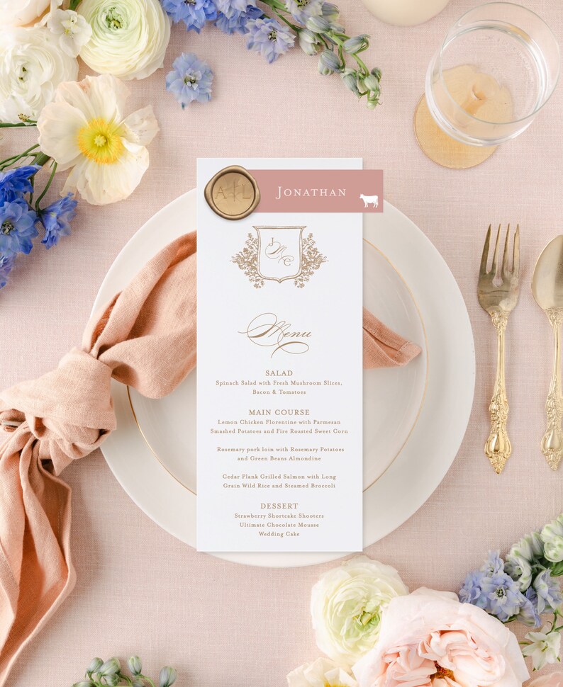 Josephine Wedding Menu Cards With Name Tags, Printed Wedding Menus With ...