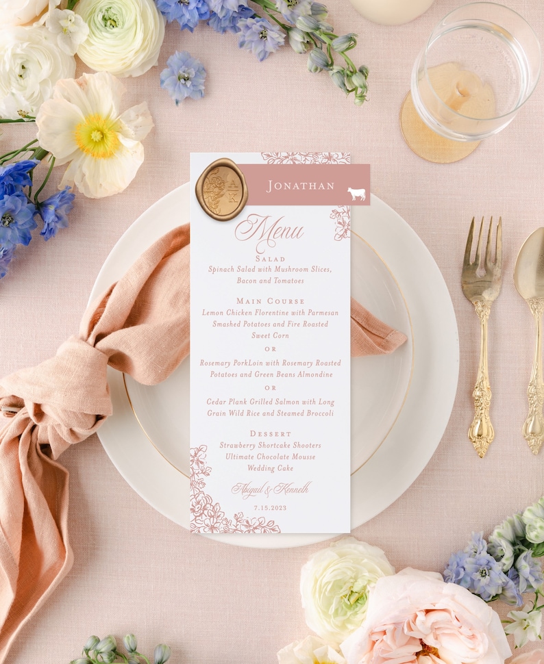 Abigail Wedding Menus With Place Cards, Elegant Menu Cards for Wedding ...