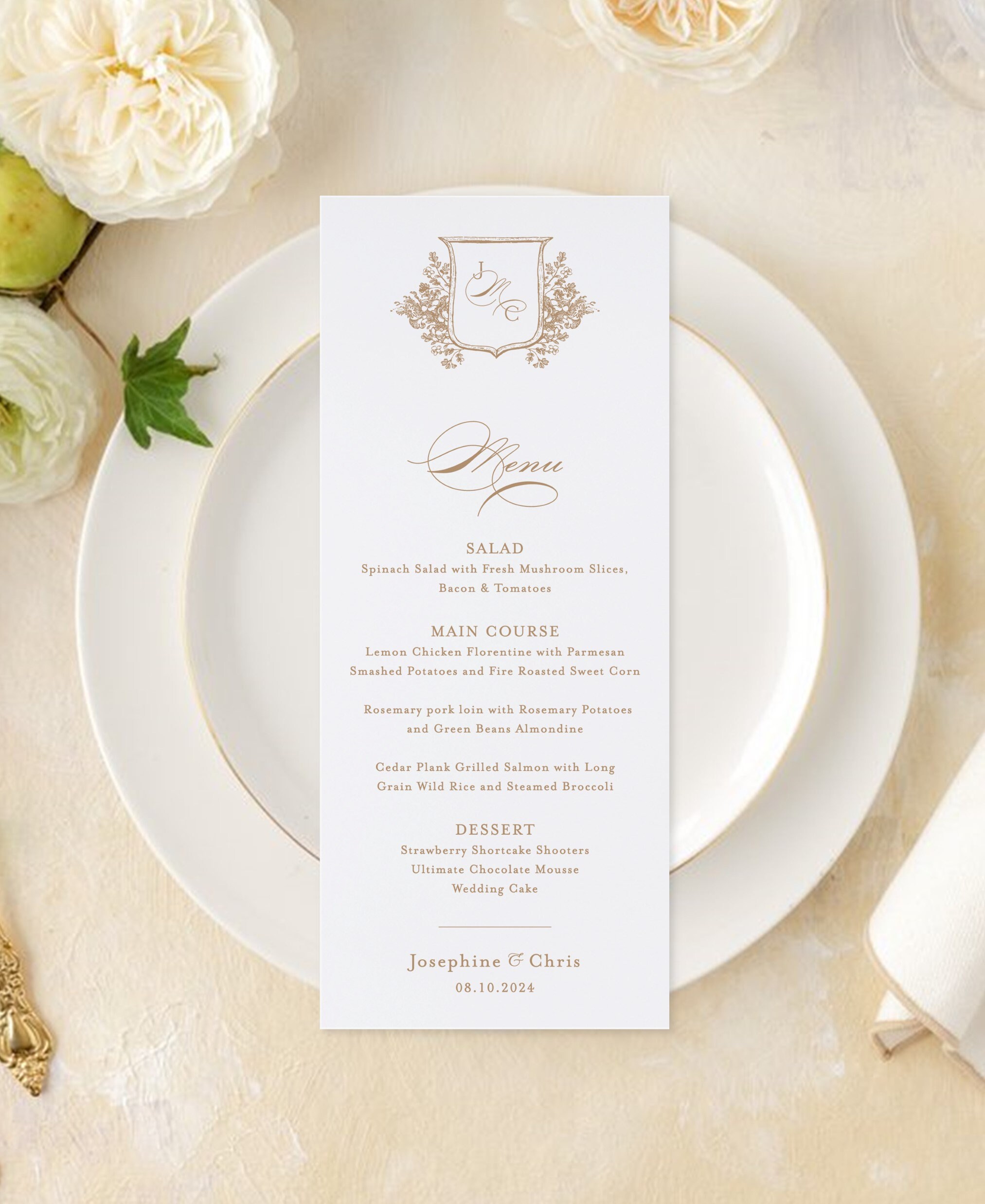 Josephine Wedding Menu Cards With Name Tags, Printed Wedding Menus With ...
