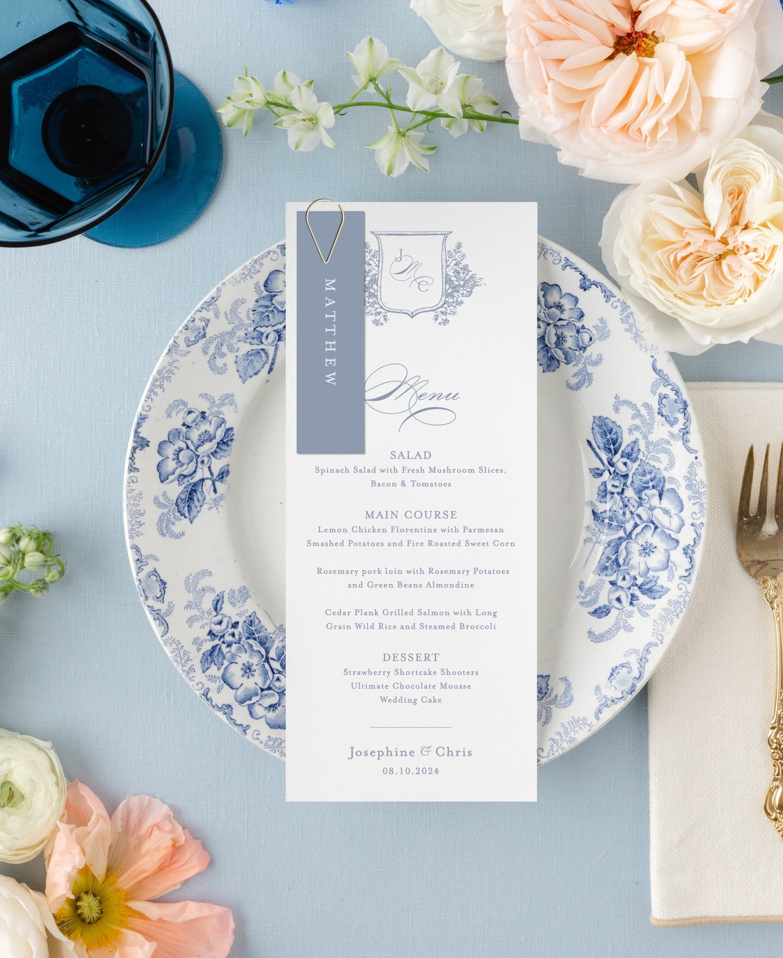 Josephine Wedding Menu Cards With Name Tags, Printed Wedding Menus With ...