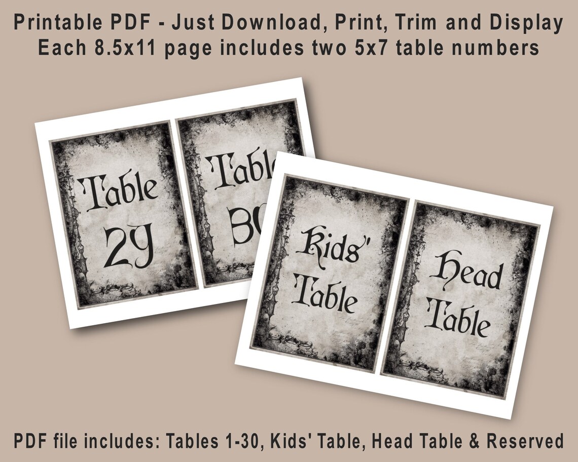 Gothic Table Numbers Printable Halloween Wedding Table - Etsy