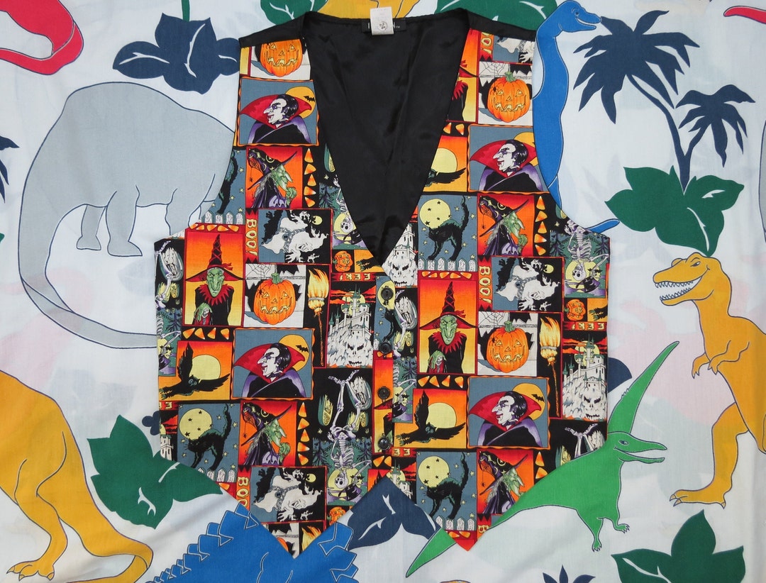 Vintage Halloween Tuxedo Vest Witch Cat Skeleton Owl Haunted - Etsy